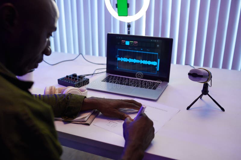 Blogger Writing Script for Podcast Stock Image - Image of recording ...