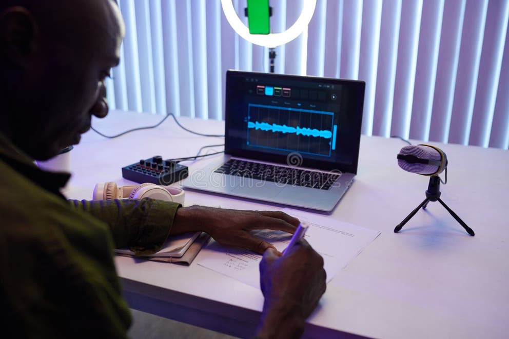 Blogger Writing Script for Podcast Stock Image - Image of recording ...