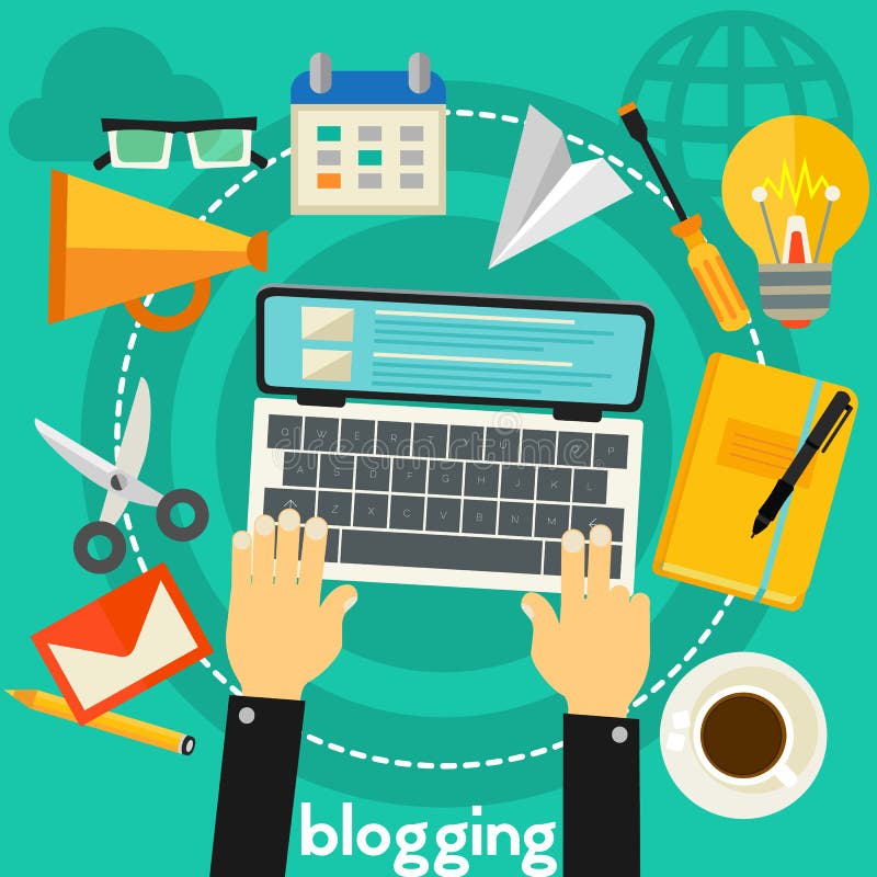Blogging Concept on Yellow Background. Laptop with Icons. Social Media ...