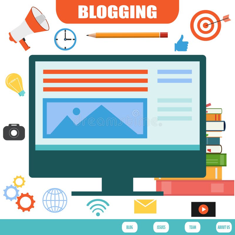 Blogging. Blogging on the Internet. Computer Monitor with Books and a ...