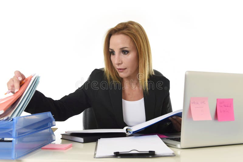 Blond Attractive 40s Woman In Business Suit Working At Laptop Computer