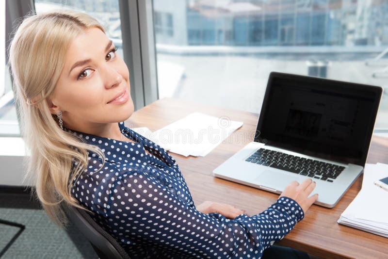 Blond Attractive Woman Using Laptop Stock Image - Image of couch ...