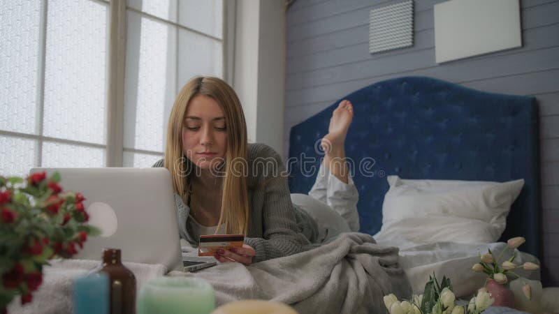 Blond In Bed With A Laptop Spends Money Stock Image Image Of Face