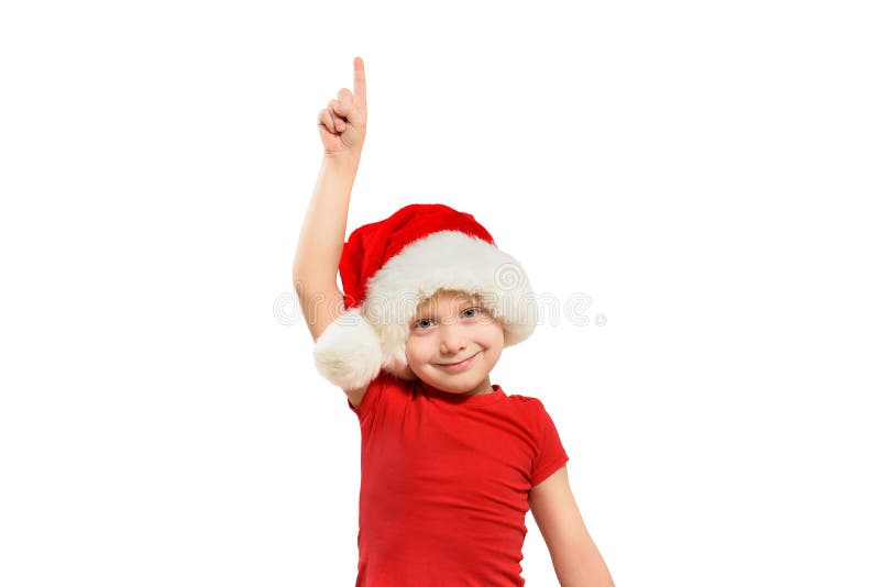 Blond Boy in Santa Hat Points Finger Up. Isolate Stock Photo - Image of ...