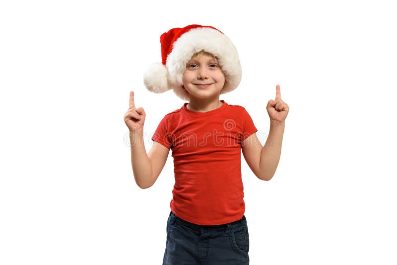 Blond Boy in Santa Hat Points Fingers Up. Isolate Stock Photo - Image ...