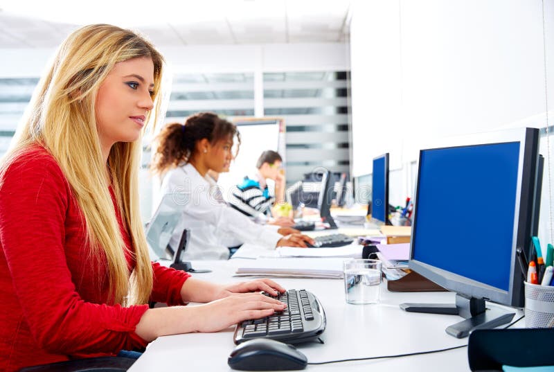 Blond Businesswoman Young Office with Computer Stock Image - Image of ...