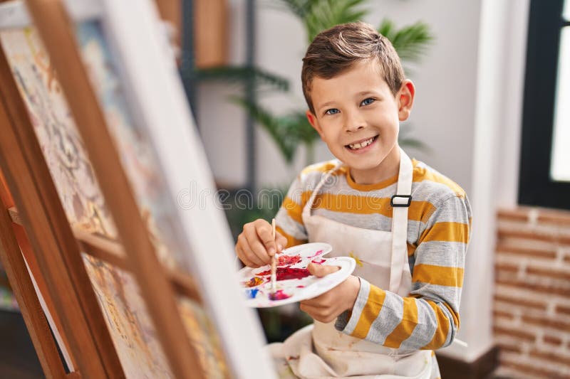 Blond Child Smiling Confident Drawing at Art Studio Stock Image - Image ...