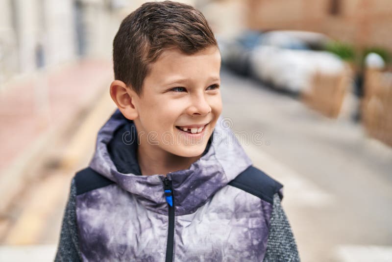 Blond Child Smiling Confident Standing at Street Stock Photo - Image of ...