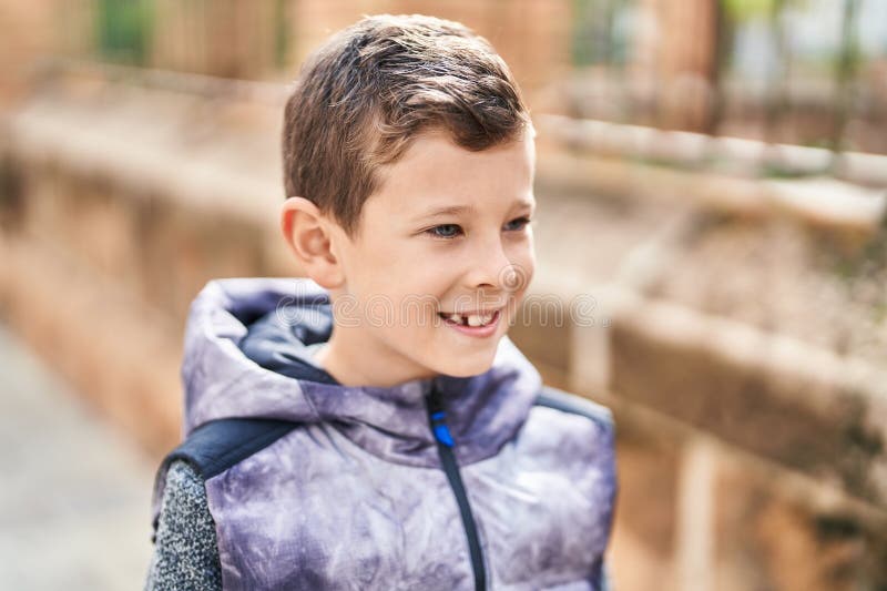 Blond Child Smiling Confident Standing at Street Stock Photo - Image of ...