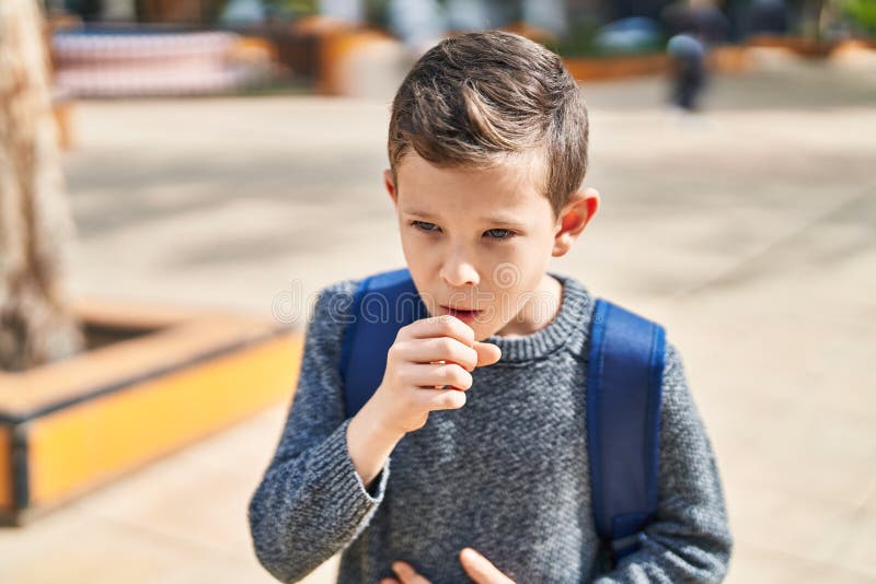 Blond Child Student Coughing at Park Stock Photo - Image of influenza ...