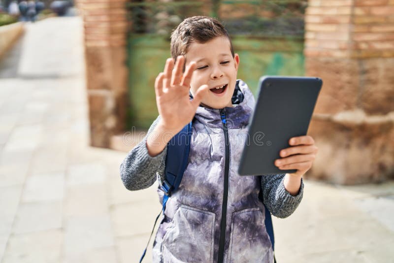 Blond Child Student Having Video Call at Street Stock Photo - Image of ...