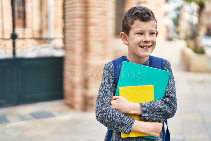 Blond Child Student Holding Books Standing at Street Stock Image ...