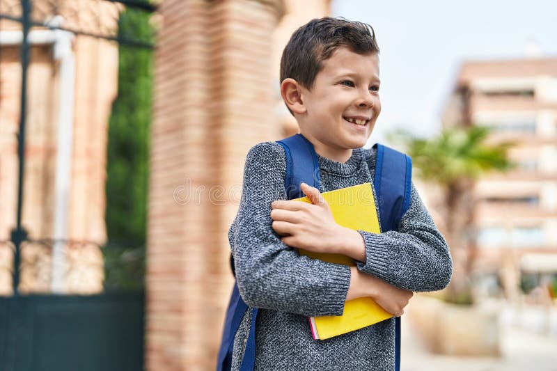 Blond Child Student Hugging Book Standing at Street Stock Image - Image ...