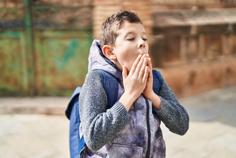 Blond Child Student Standing with Surprise Expression at Street Stock ...