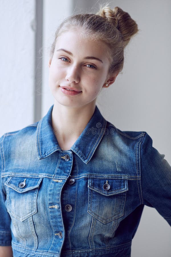 Blond Female Dressed In A Denim Jacket Stock Image Image Of Elegance