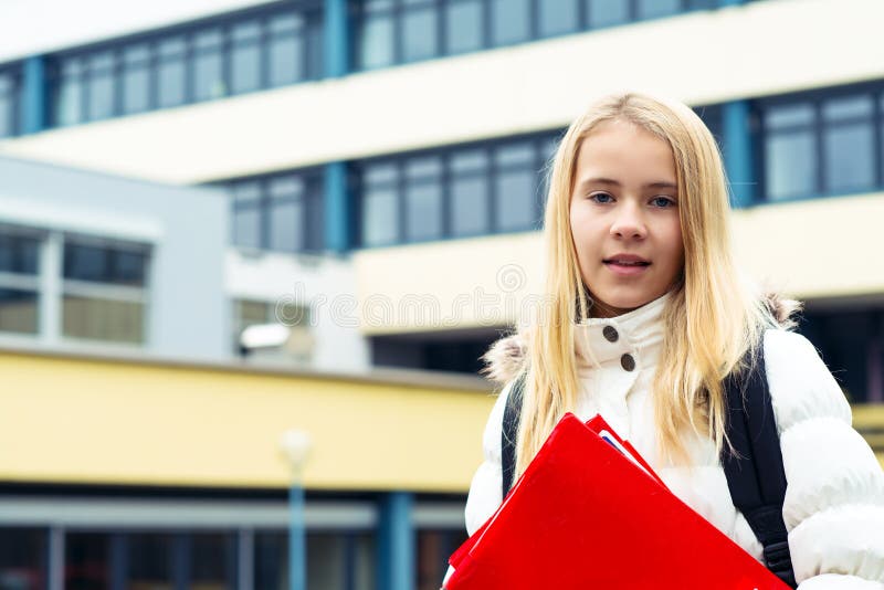 Blond Girl in Front of School Building Stock Photo - Image of pupils ...