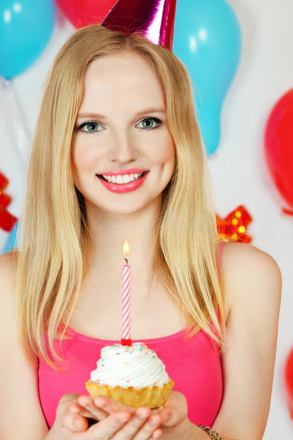 Blond Girl Holding Cake with Candle Stock Photo - Image of cute ...