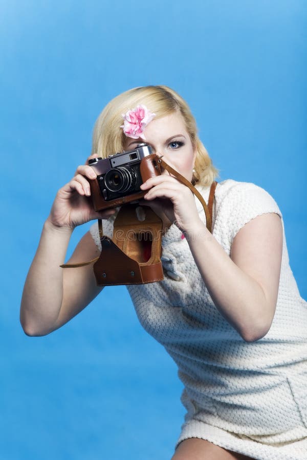 Blond Girl with Retro Camera Look at You Stock Image - Image of emotion ...