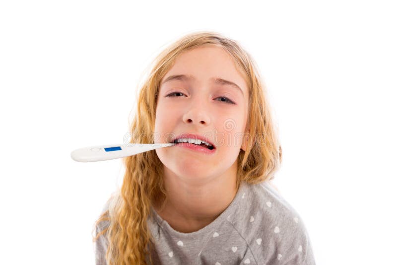 Blond Girl with Thermometer and Flu Cold in Pyjama Stock Photo - Image ...