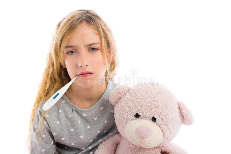 Blond Girl with Thermometer and Flu Cold in Pyjama Stock Image - Image ...