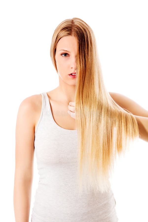 Blond Hair Beautiful Woman With Straight Long Hair Stock Image