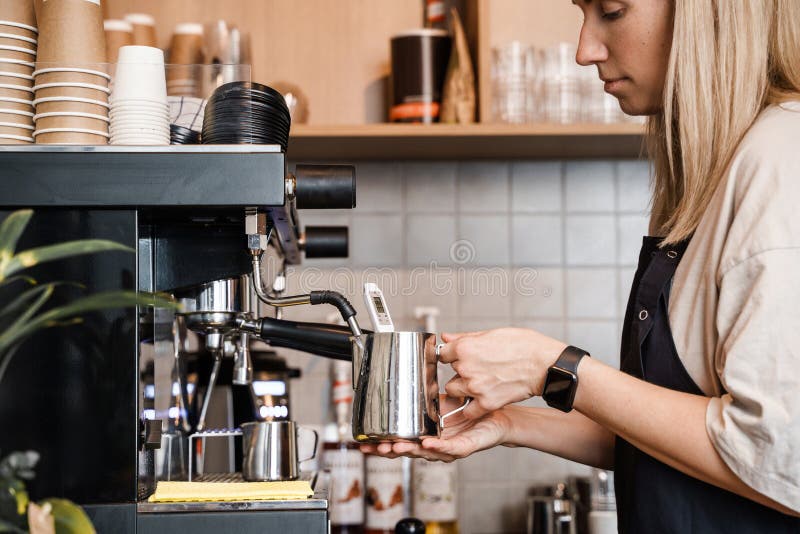 Aged Woman Barista Steaming Milk In Coffee Bar Stock Image Image Of Person Work 256098295