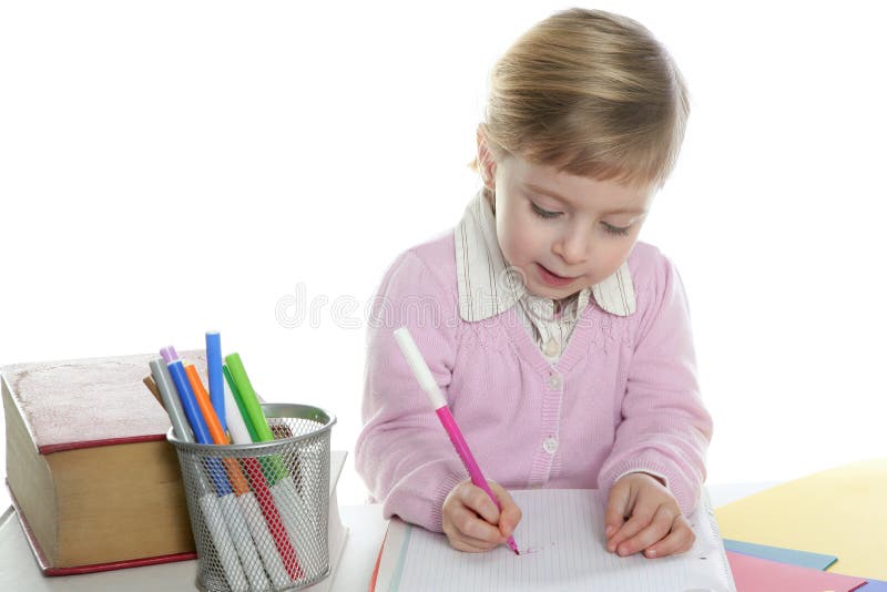 Blond Little Student Girl Writing Desk Stock Image - Image of ...