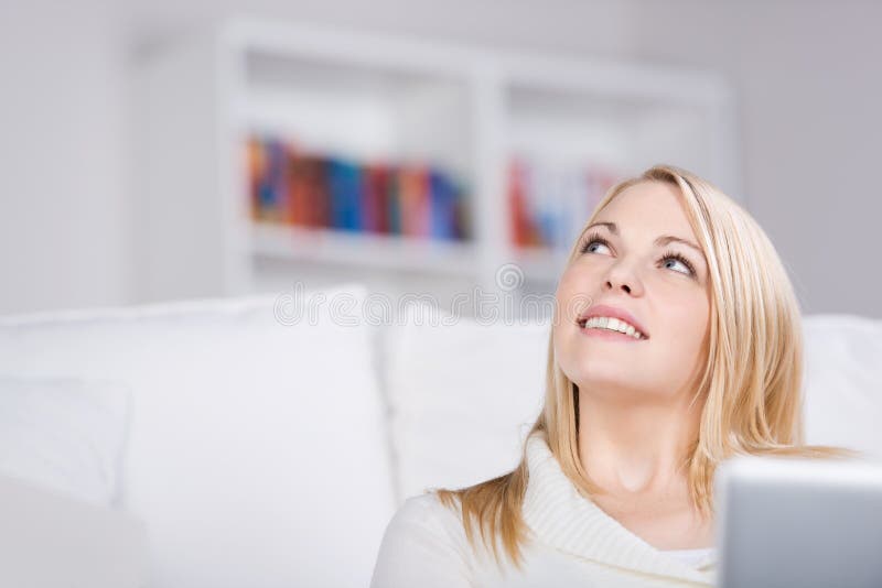 Blond Thinking Woman Using Laptop Computer Stock Photo - Image of ...