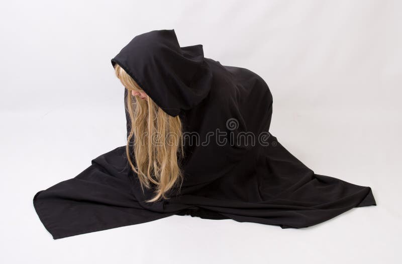 Blond Woman in Black Hooded Cloak Side View Stock Photo - Image of ...