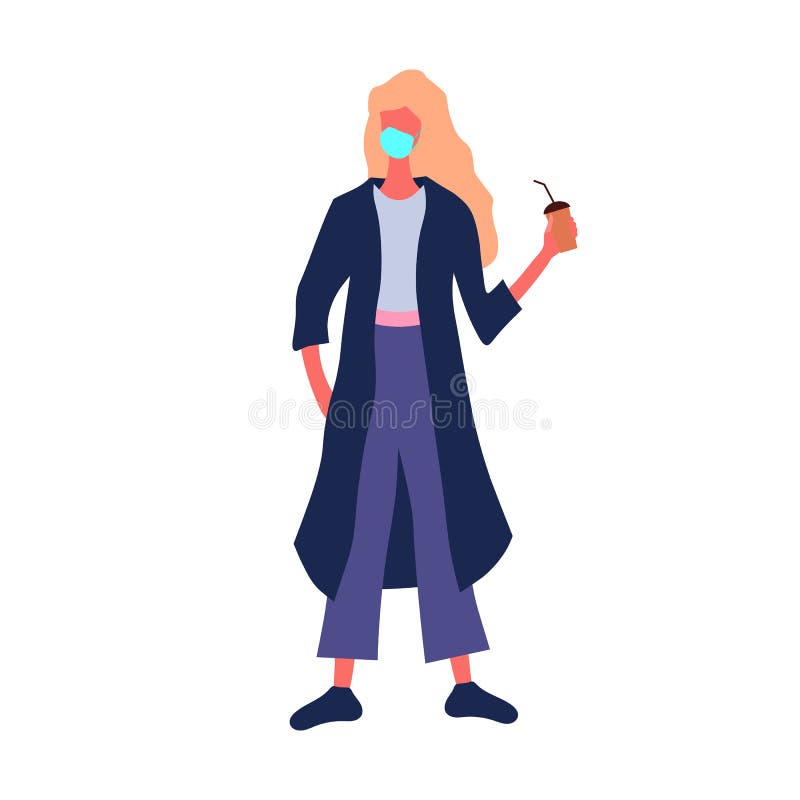 A Blond Woman with a Coffee Cup in a Protective Mask Stock Vector ...