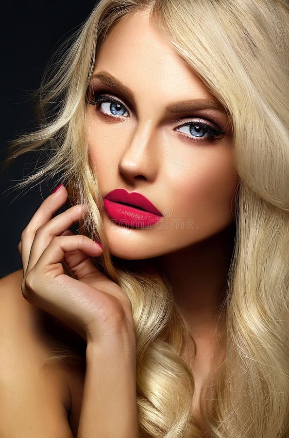 Blond Woman Model Lady With Bright Makeup And Red Lips Stock Image