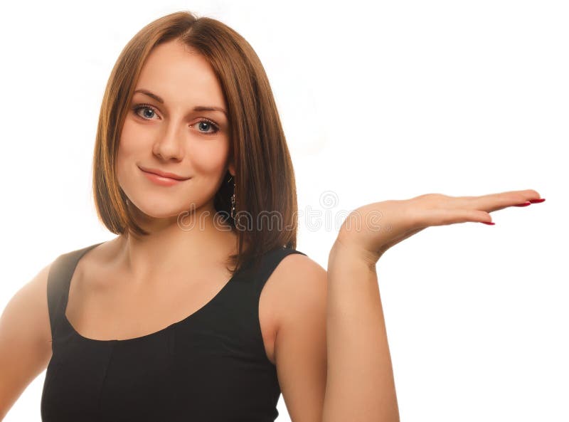 Blond Woman Showing Open Hand Holding Stock Photo - Image of showing ...