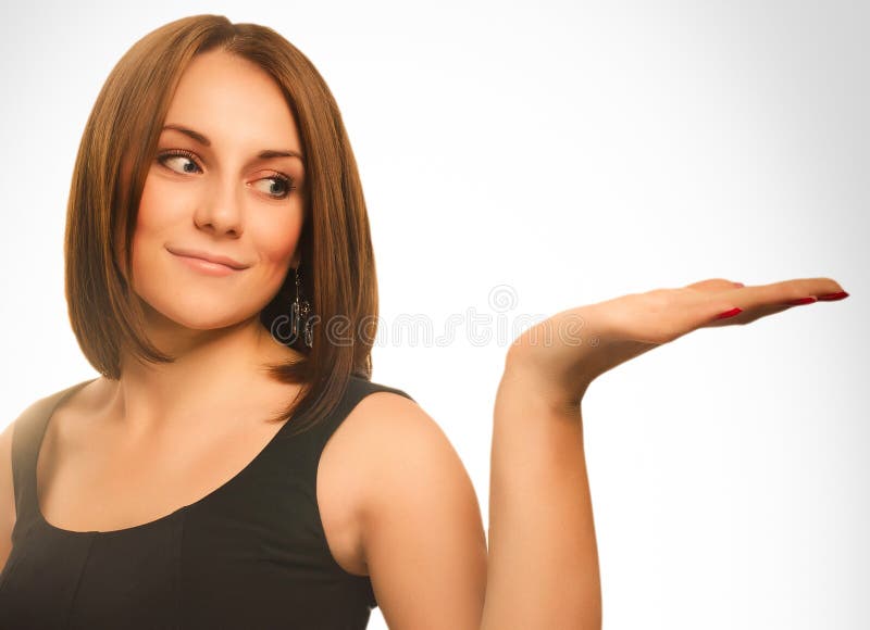 Blond Woman Showing Open Hand Holding Stock Image - Image of product ...