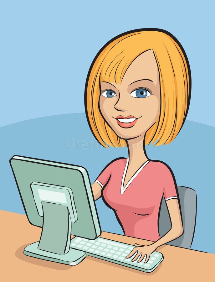 Blond Woman Sitting Behind Desktop Computer Stock Vector - Illustration ...