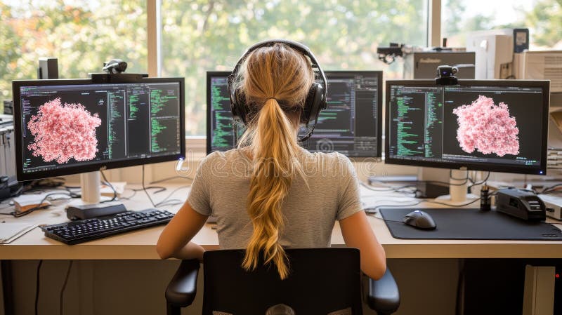 Blond Woman Studies Neural Networks on Computer Screens. Desk with ...