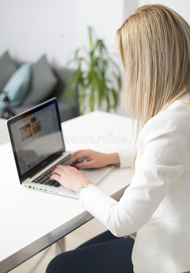 Blond Woman Working with Computer Stock Image - Image of internet ...