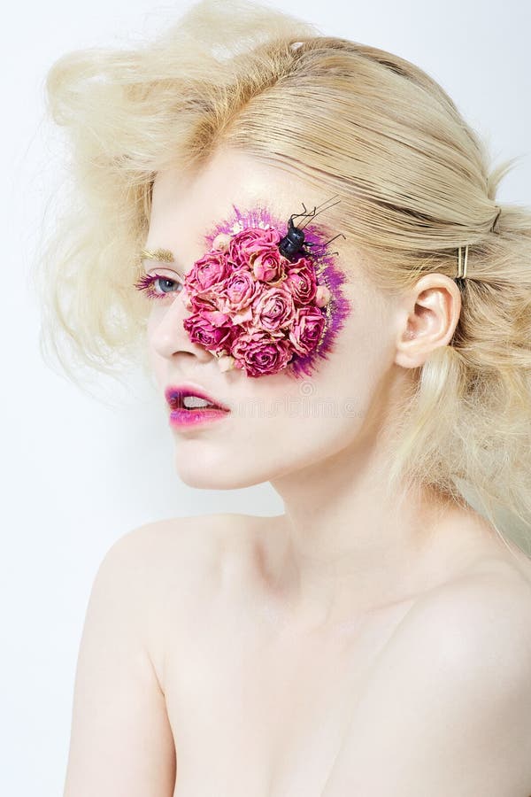 Blond Young Girl with Flowers on Face Stock Photo - Image of head, lips ...