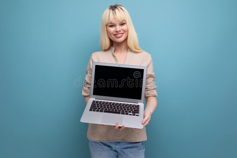 Blond Young Woman Freelancer with Laptop Computer Stock Photo - Image ...