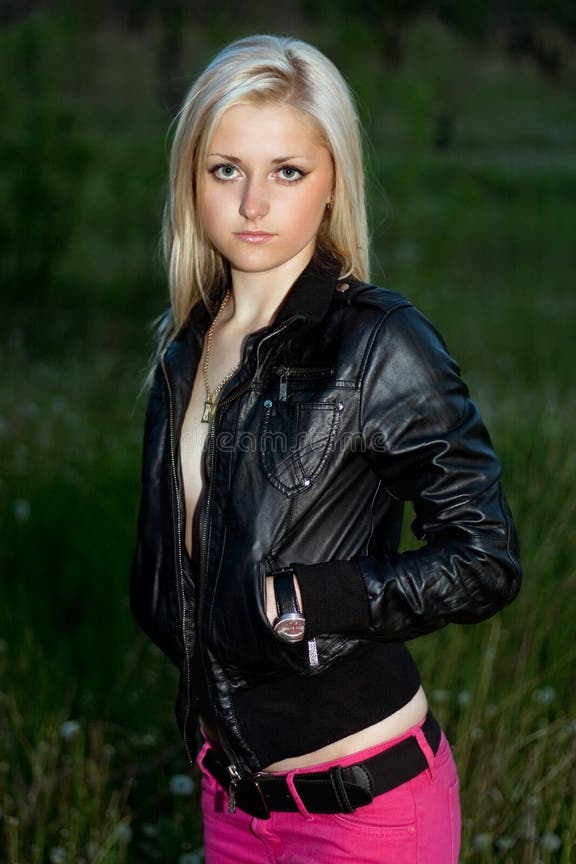 Blonde in a Black Leather Jacket Stock Photo - Image of blonde, green ...
