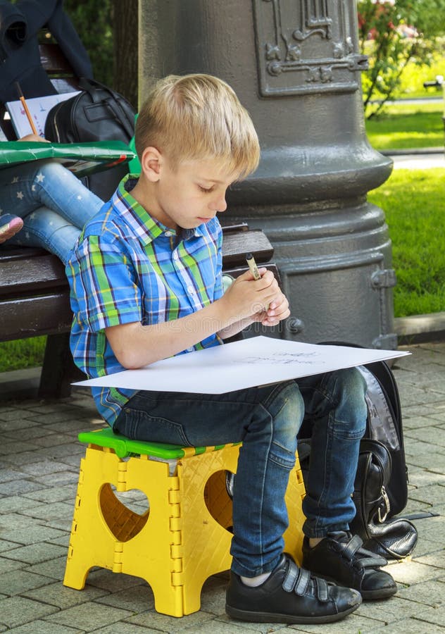 Blonde Boy Learning To Draw Objects Outdoors on Plein Air Stock Image ...