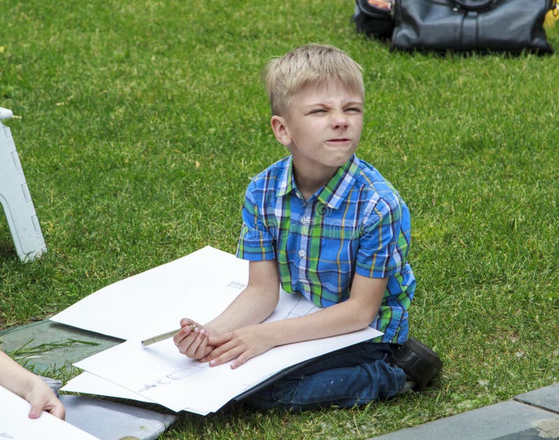 Blonde Boy Learning To Draw Objects Outdoors on Plein Air Stock Photo ...