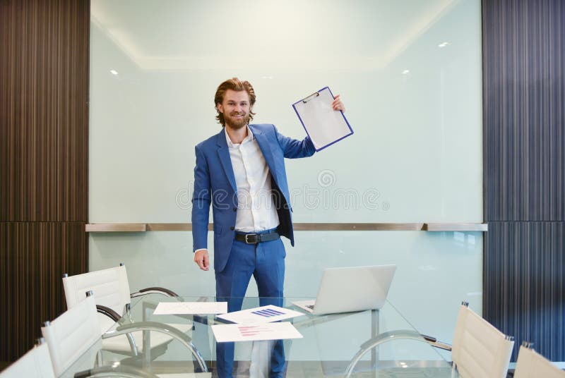 Blonde Business Man Presenting a Project on Blank Glass Board Stock ...