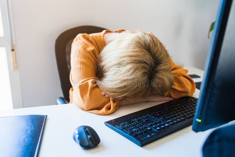 Woman Asleep in Front of the Computer in Office Stock Image - Image of ...