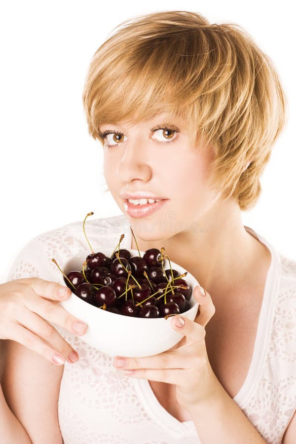 Blonde with Cherries. Studio White Background Stock Image - Image of ...
