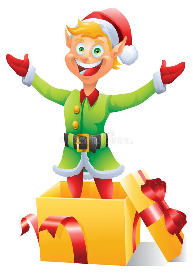 Blonde Christmas Elf Popping Out of Box Present Isolated Stock Vector ...