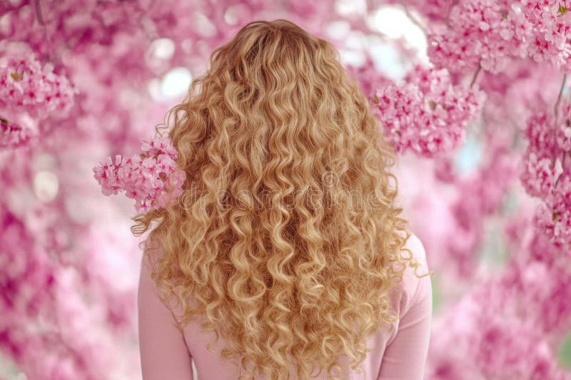 Blonde Curly Hair Flows with Pink Blossoms in Spring and Romantic Theme ...