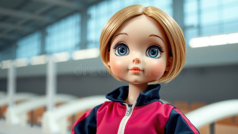Blonde Doll with Blue Eyes in Pink Jacket, Indoor Setting Stock ...