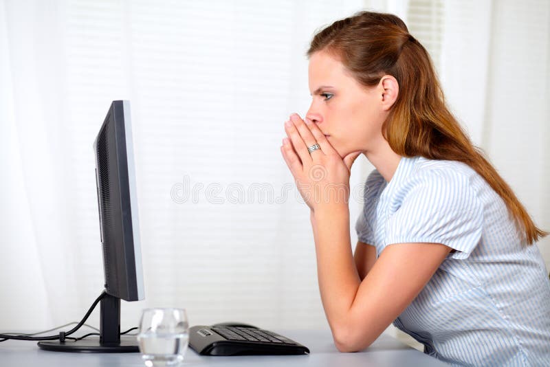 Blonde Friendly Young Lady Looking To Computer Stock Photo - Image of ...