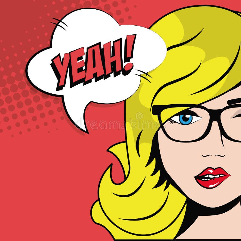 Blonde Girl Glasses Bubble Speech Pop Art Comic Style Stock Vector