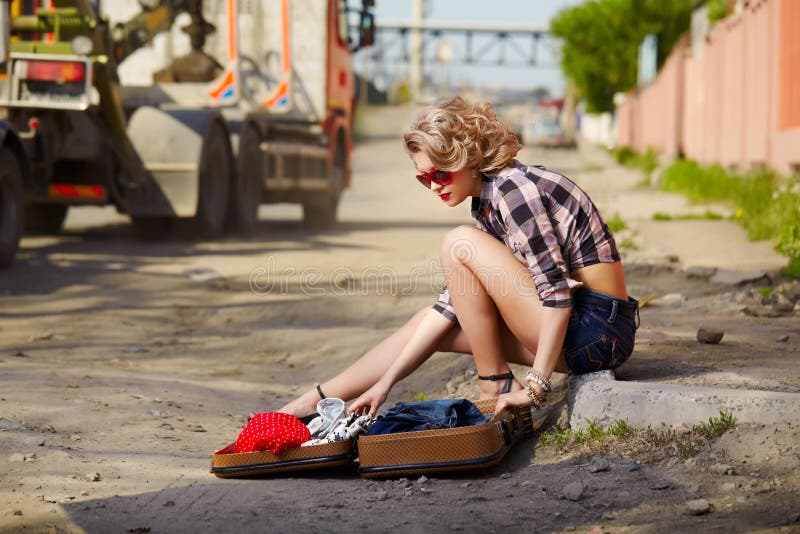 Blonde Girl Hitchhiker Stock Image Image Of Journey 30386331